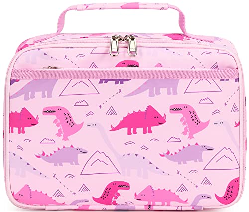 Kids Lunch Box Boys Girls Insulated Lunch Cooler Bag Reusable Lunch Tote Kit for School Travel Dinosaur Pink