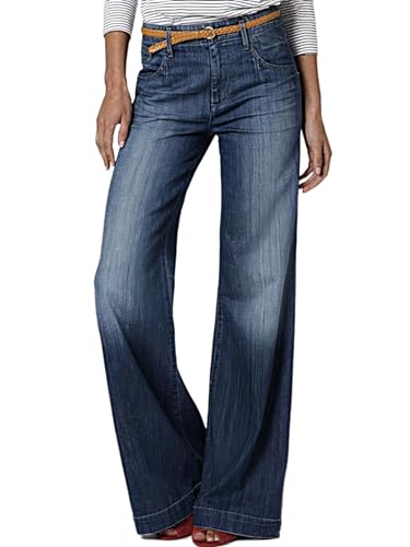 Flamingals Wide Leg Jeans for Women Stretch Low Waist Baggy Jeans Boot Cut Jeans Flare Leg Denim Pants Without Belt Wash Navy Blue S