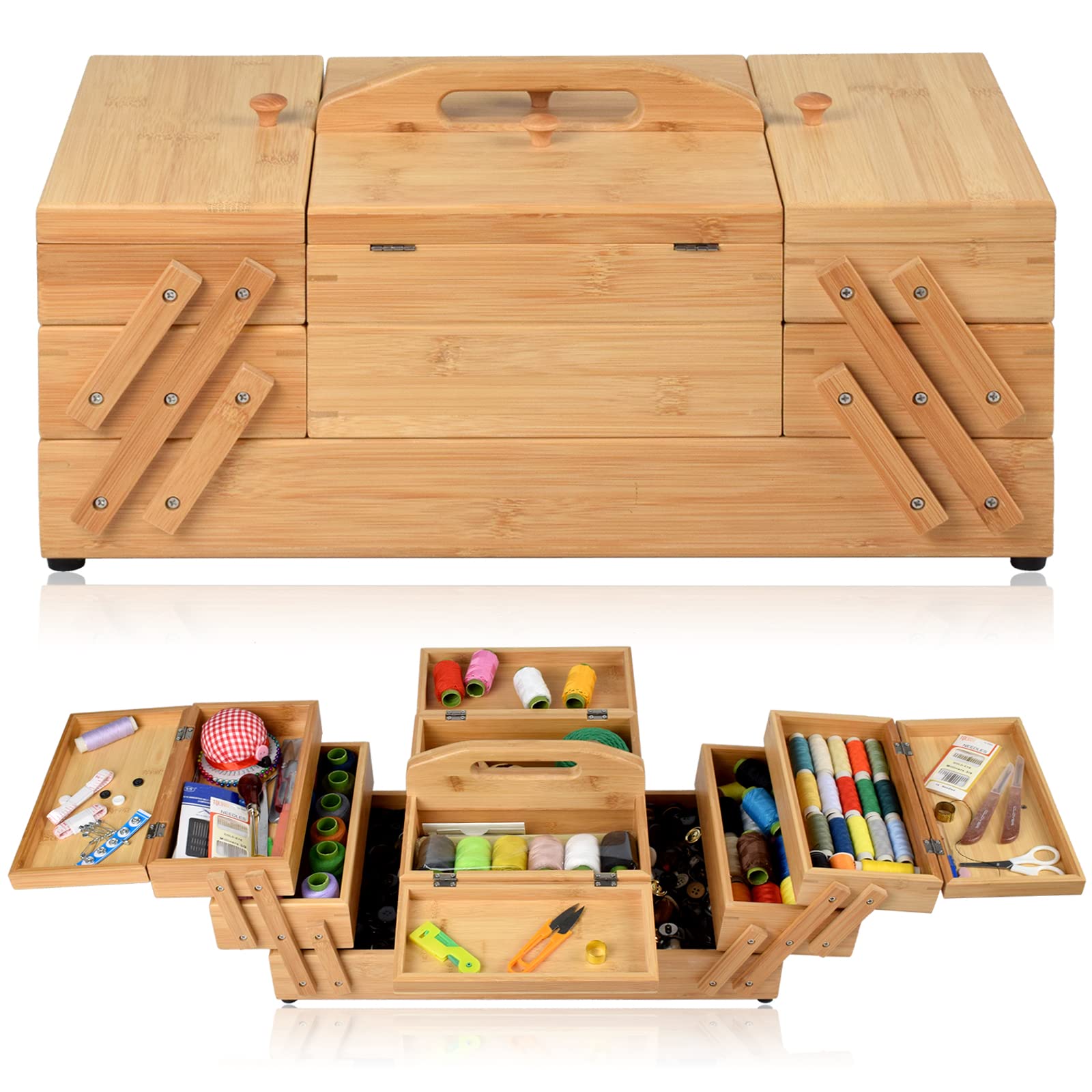 Adolfo Design Wooden Sewing Box Organizer for Sewing Supplies,Sewing Crafting Hobby Storage Box, 3 Tier Drawers for Craft Tools, Needles Assorted