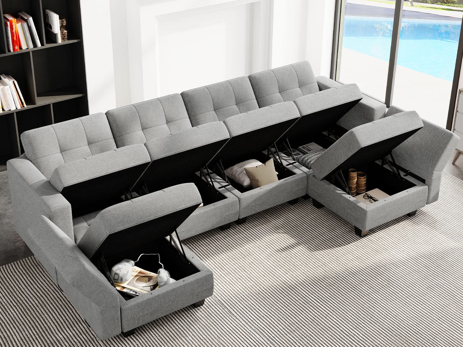 Belffin Modular U Shaped Sectional Sofa Couch with Reversible Chaises 6-seat Sectional Couch with Storage Seat Modular Sectional Set with Ottomans Light Grey