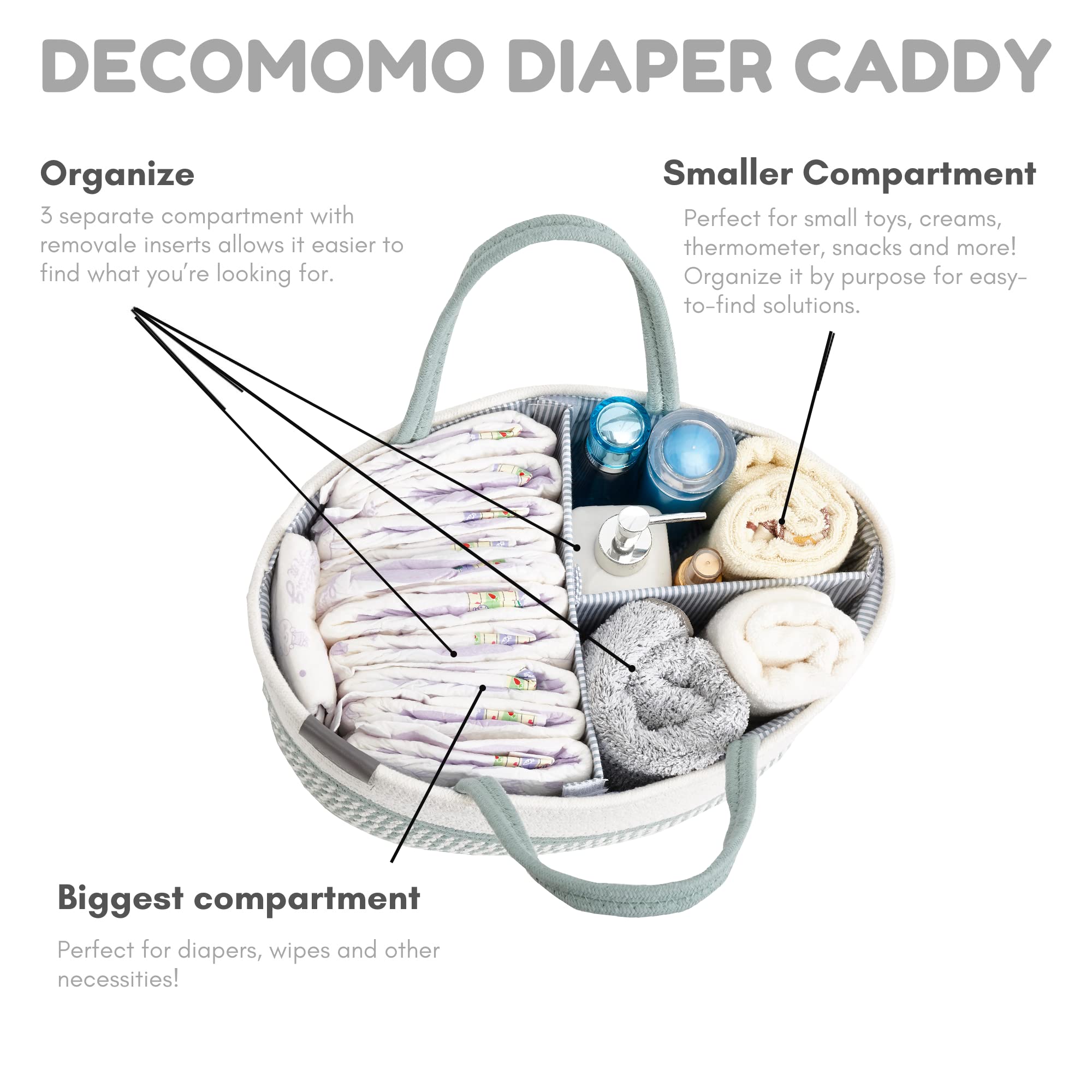 DECOMOMO Green Diaper Caddy, Nappy Caddy, Woven Baby Basket (Sage Green & White, Large)
