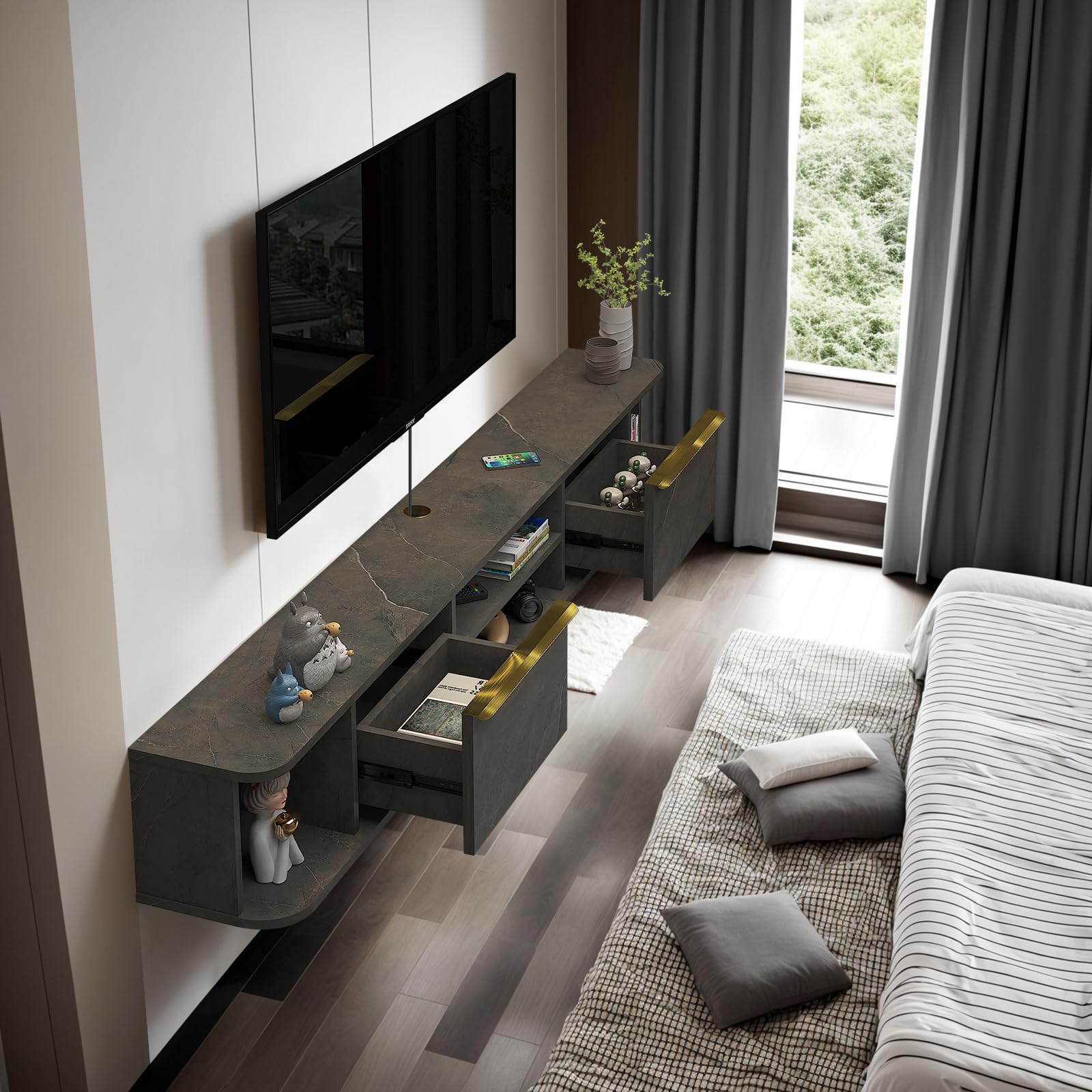 Pmnianhua Floating TV Stand with 2 Drawers,63'' Wall Mounted Floating TV Shelf,Floating Shelf for Under TV,Floating TV Unit with Storage for Bedroom Living Room(Grey)