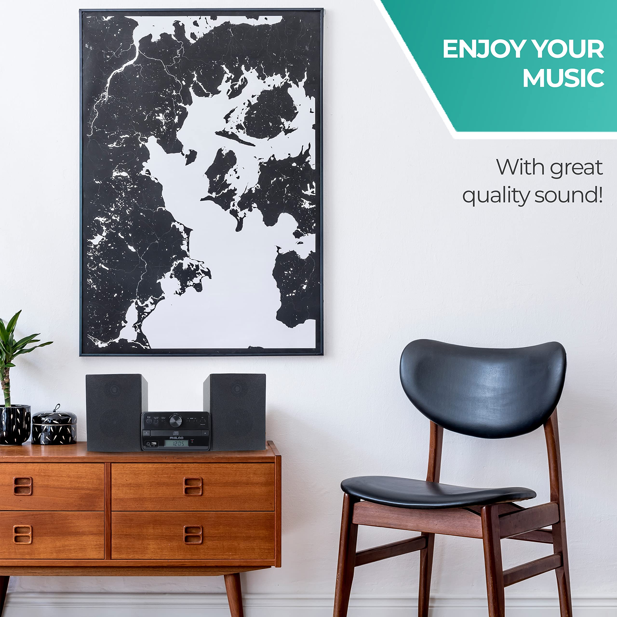 Philco Stereo Shelf Systems Tray Loading CD Player with Digital FM Radio, Bluetooth Streaming, Remote Control in Black | LCD Display | 3.5mm Headphone Jack | MP3 & AUX Port Compatible