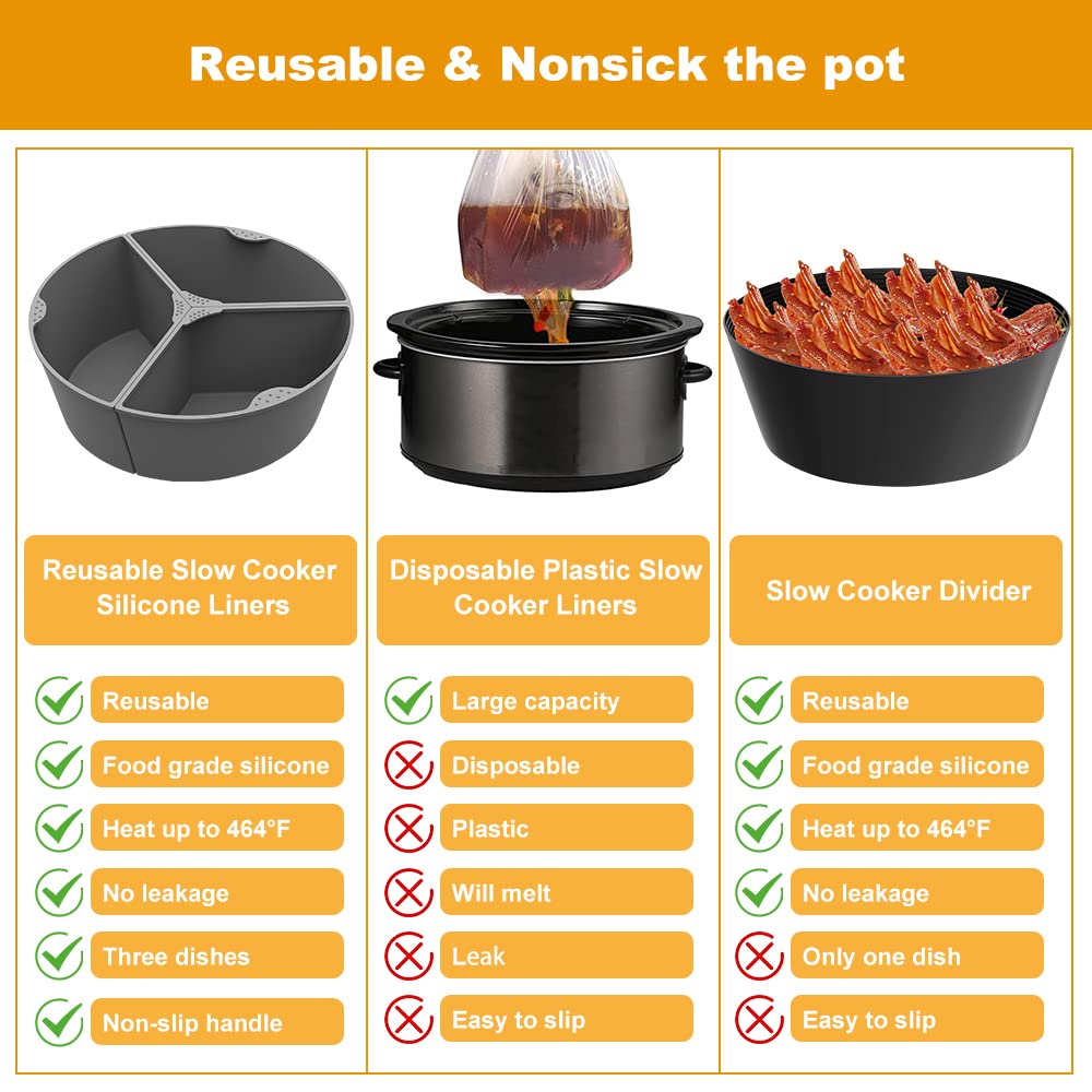 Silicone Slow Cooker Liners Fit for Crockpot 6 Quart, 3 In 1 Reusable Crock Pot Liners Divider Insert Portable Handle/BPA Free/Leakproof/Used to Replace Leak-prone Disposable Liners