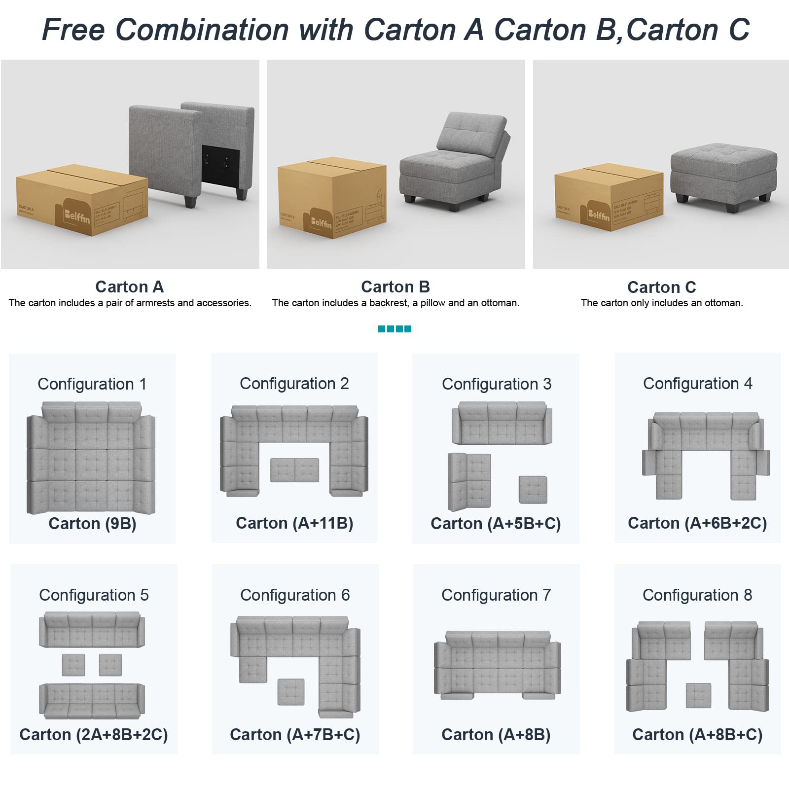 Belffin Modular U Shaped Sectional Sofa Couch with Reversible Chaises 6-seat Sectional Couch with Storage Seat Modular Sectional Set with Ottomans Light Grey
