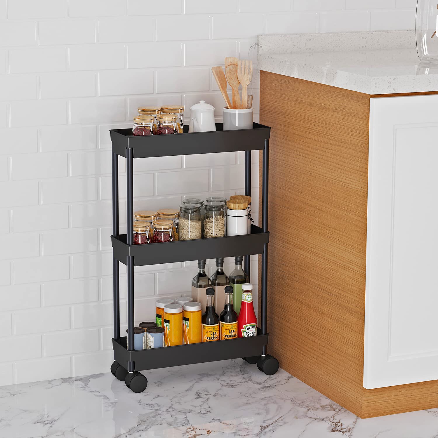 Sooyee 3 Tier Rolling Cart with Wheels,Slim Storage Cart,Narrow Storage Cabinet,Under Desk Storage,Rolling Utility Cart Storage Organizer for Office Bathroom Kitchen Laundry Room Narrow Places, Black