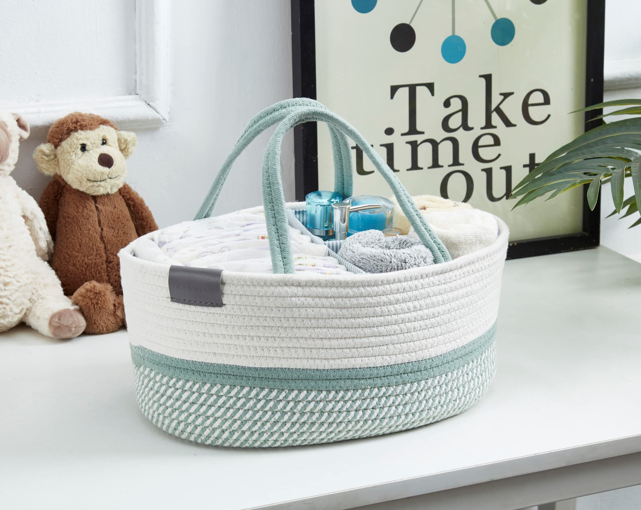 DECOMOMO Green Diaper Caddy, Nappy Caddy, Woven Baby Basket (Sage Green & White, Large)