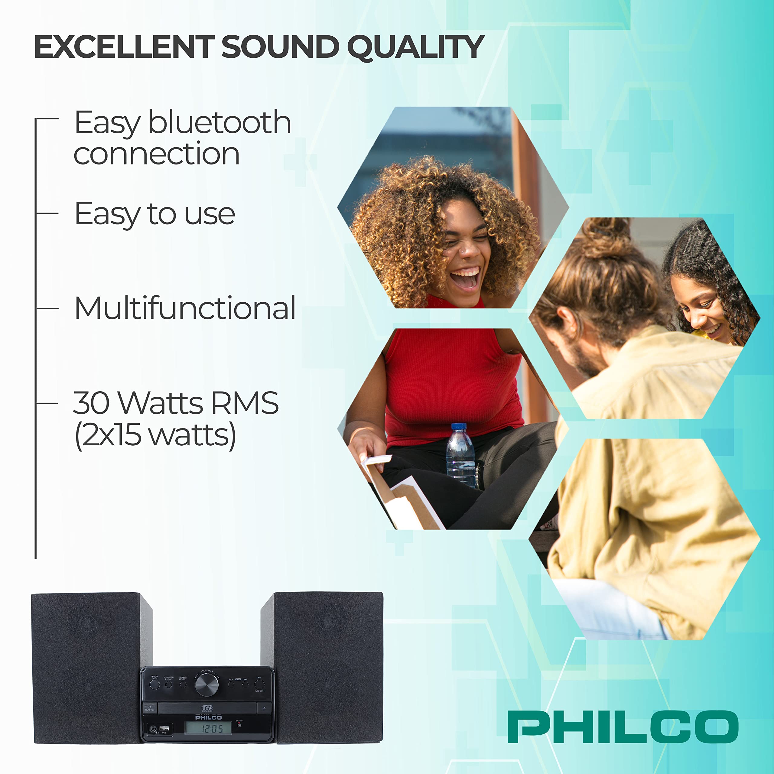 Philco Stereo Shelf Systems Tray Loading CD Player with Digital FM Radio, Bluetooth Streaming, Remote Control in Black | LCD Display | 3.5mm Headphone Jack | MP3 & AUX Port Compatible