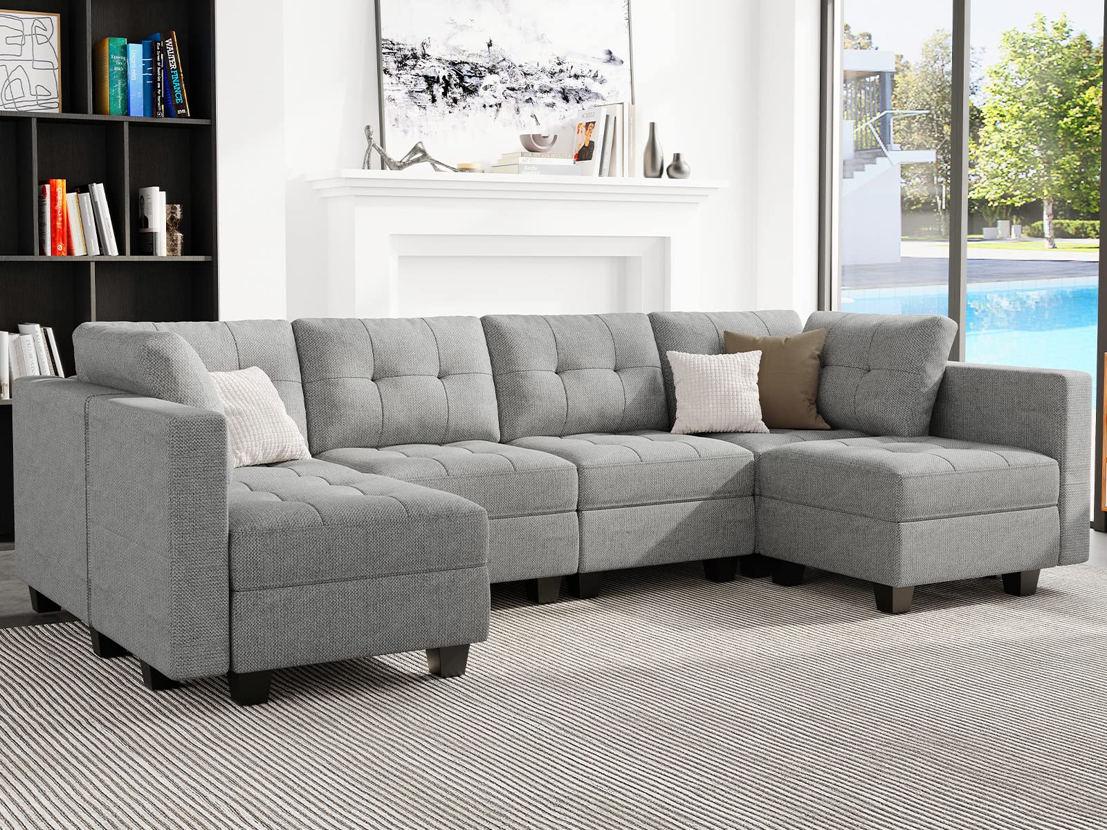 Belffin Modular U Shaped Sectional Sofa Couch with Reversible Chaises 6-seat Sectional Couch with Storage Seat Modular Sectional Set with Ottomans Light Grey