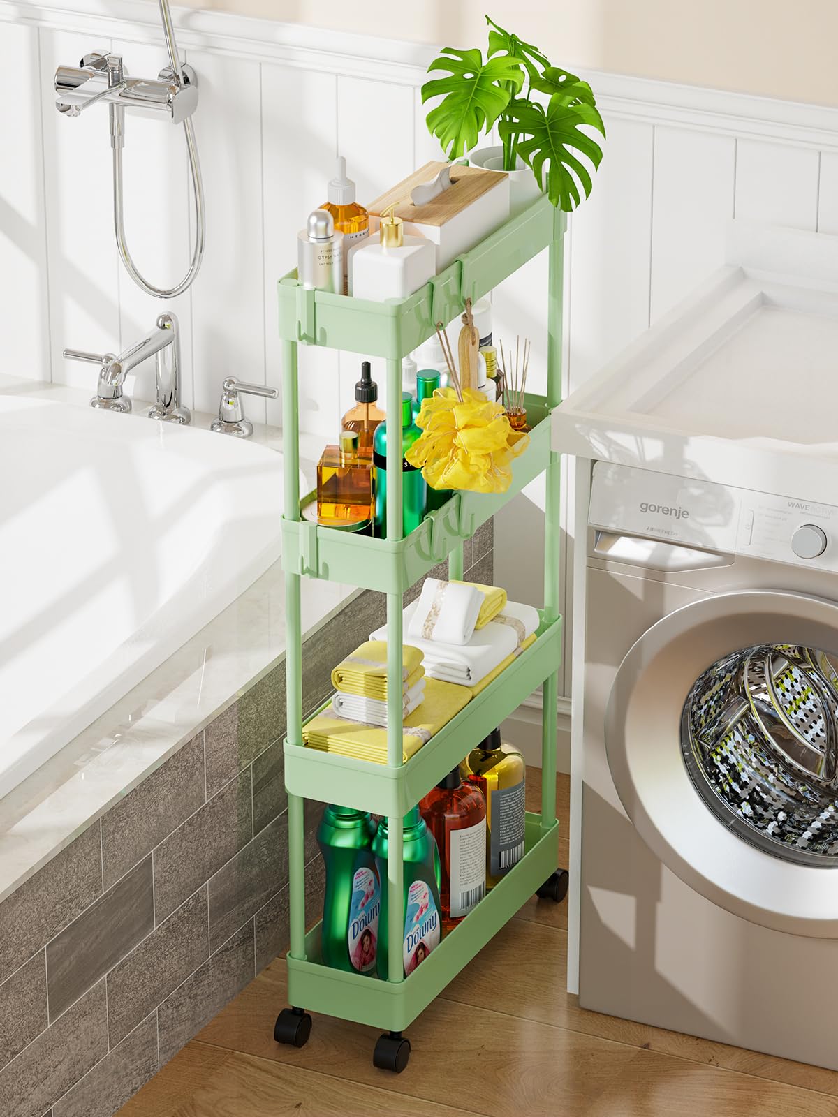 LEHOM 5.3" Slim Storage Cart - 4 Tiers Bathroom Organizer Mobile Shelving Unit Storage Rolling Utility Cart Slide Out Organizer for Kitchen Bathroom Laundry Narrow Places, Green