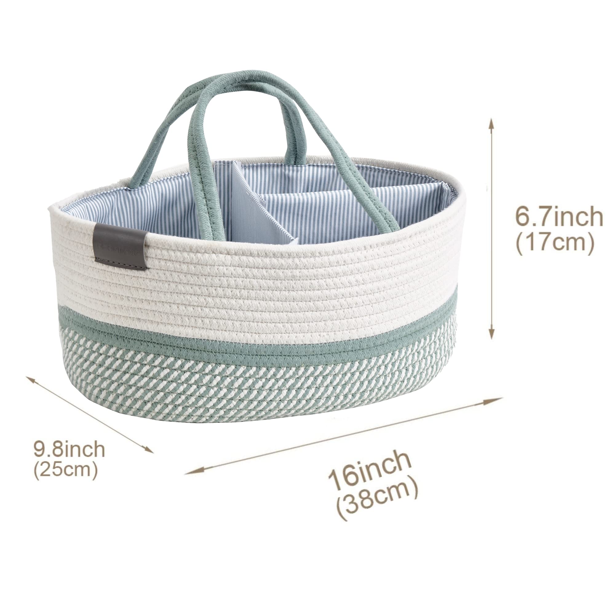 DECOMOMO Green Diaper Caddy, Nappy Caddy, Woven Baby Basket (Sage Green & White, Large)