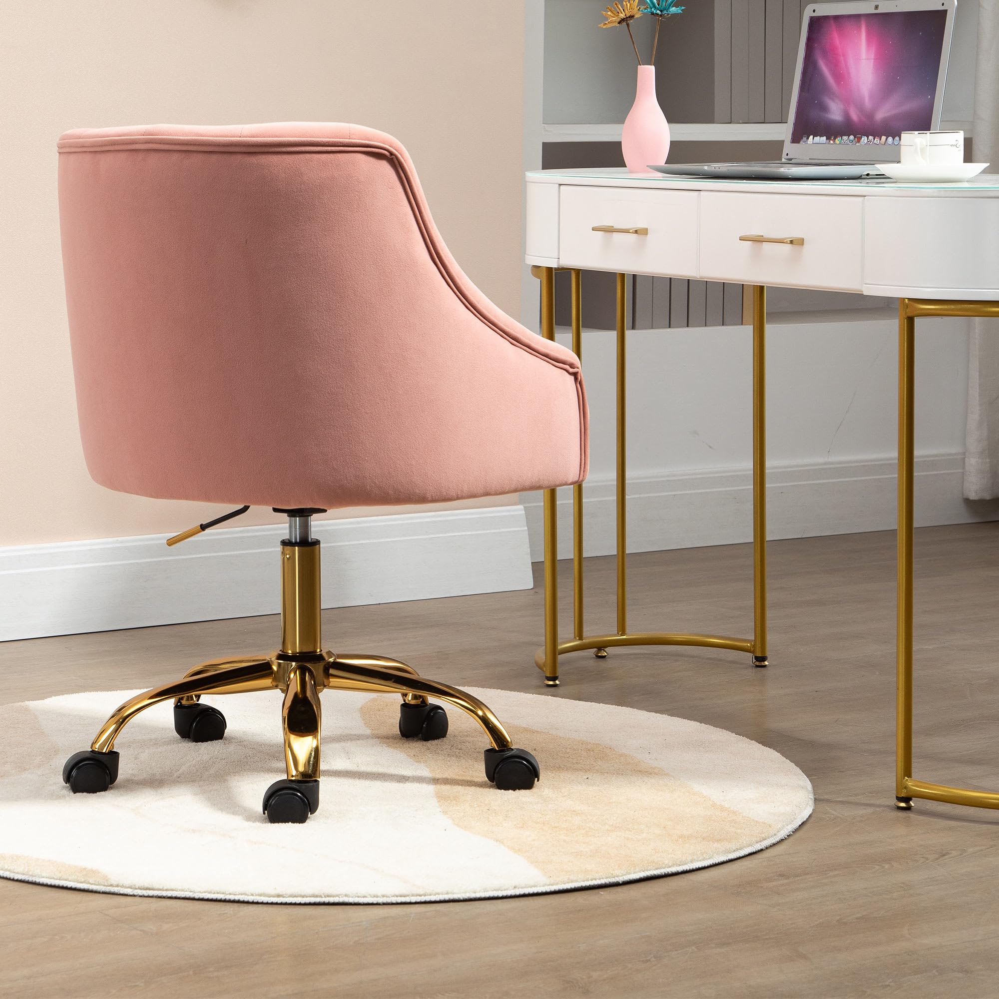 MOJAY Velvet Office Task Desk Chair for Girls, Modern Vanity Chair for Home Office, Make Up, Bed Room, 360°Swivel Height Adjustable Reception Chair, Pink