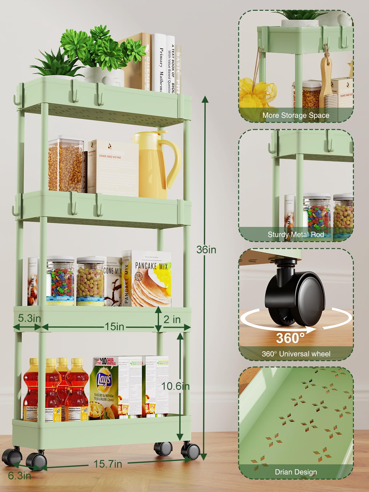 LEHOM 5.3" Slim Storage Cart - 4 Tiers Bathroom Organizer Mobile Shelving Unit Storage Rolling Utility Cart Slide Out Organizer for Kitchen Bathroom Laundry Narrow Places, Green