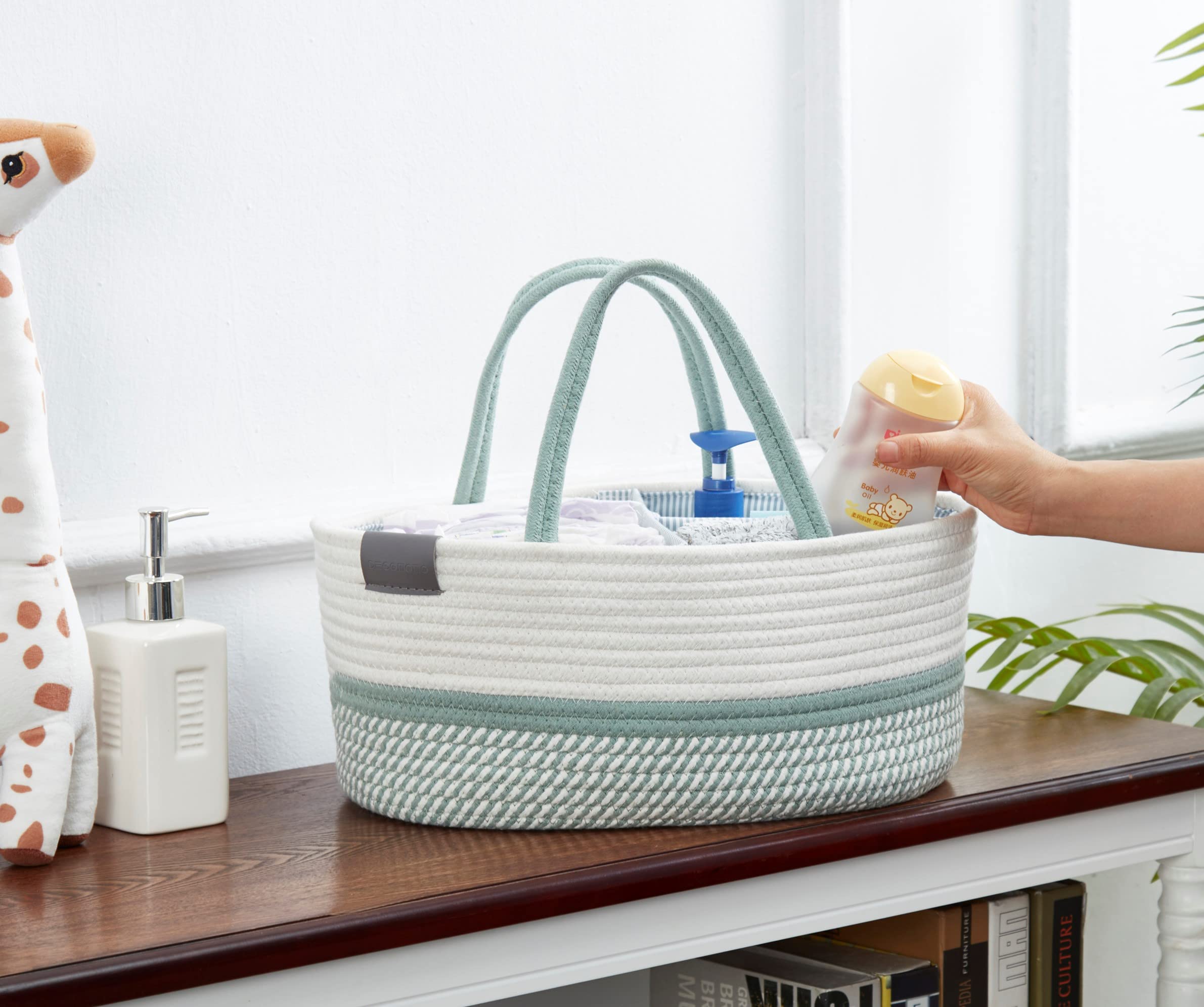 DECOMOMO Green Diaper Caddy, Nappy Caddy, Woven Baby Basket (Sage Green & White, Large)