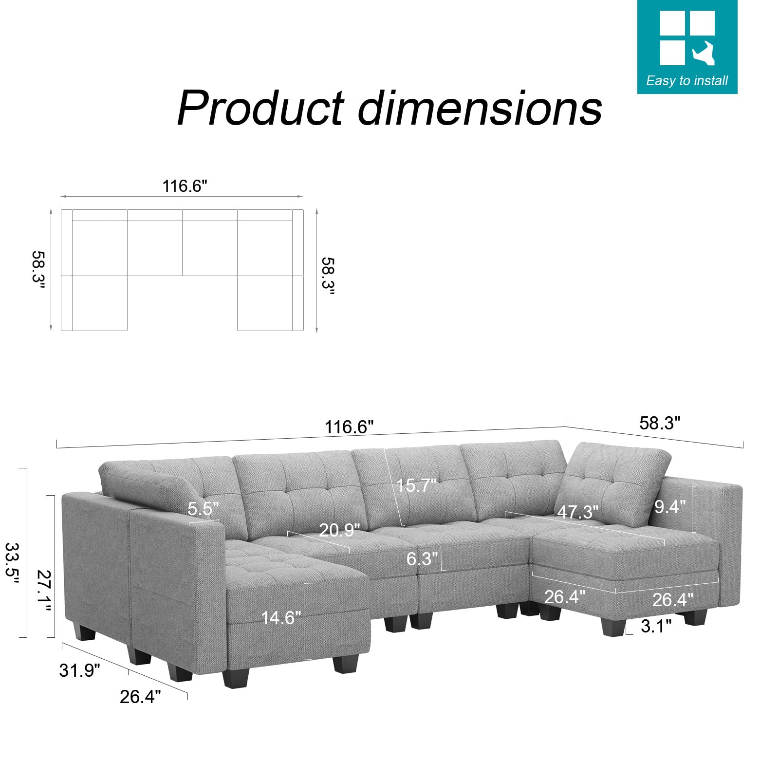 Belffin Modular U Shaped Sectional Sofa Couch with Reversible Chaises 6-seat Sectional Couch with Storage Seat Modular Sectional Set with Ottomans Light Grey