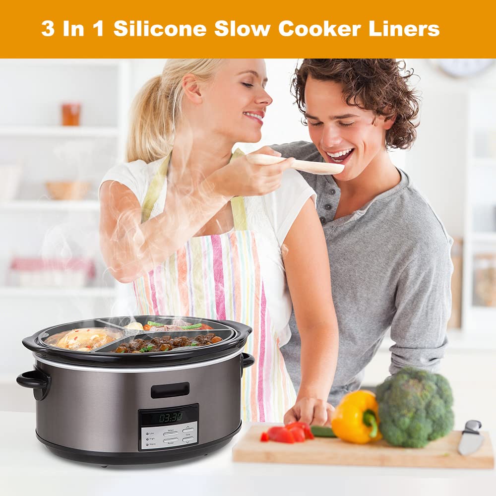 Silicone Slow Cooker Liners Fit for Crockpot 6 Quart, 3 In 1 Reusable Crock Pot Liners Divider Insert Portable Handle/BPA Free/Leakproof/Used to Replace Leak-prone Disposable Liners