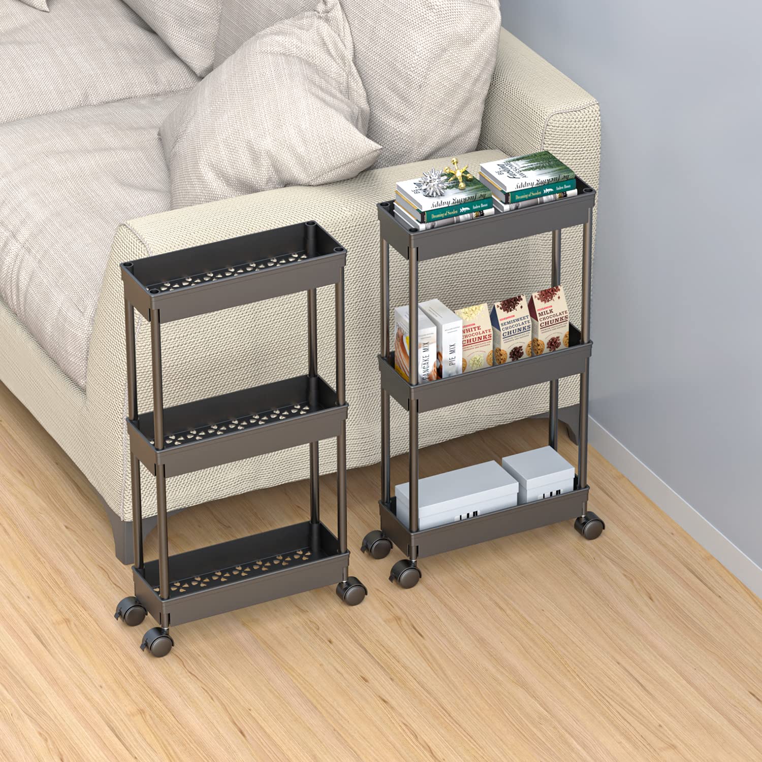 Sooyee 3 Tier Rolling Cart with Wheels,Slim Storage Cart,Narrow Storage Cabinet,Under Desk Storage,Rolling Utility Cart Storage Organizer for Office Bathroom Kitchen Laundry Room Narrow Places, Black