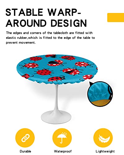 Elastic Fitted Tablecloth Waterproof Table Cloth Cute Ladybug Red Black Carapace Insect Dense Animal Blue Wipeable Round Table Cover for Outdoor Picnic Camping Party