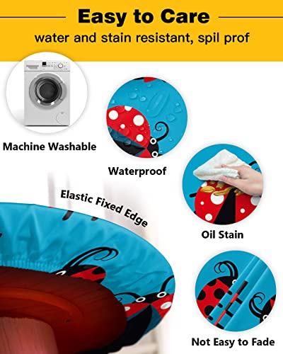 Elastic Fitted Tablecloth Waterproof Table Cloth Cute Ladybug Red Black Carapace Insect Dense Animal Blue Wipeable Round Table Cover for Outdoor Picnic Camping Party