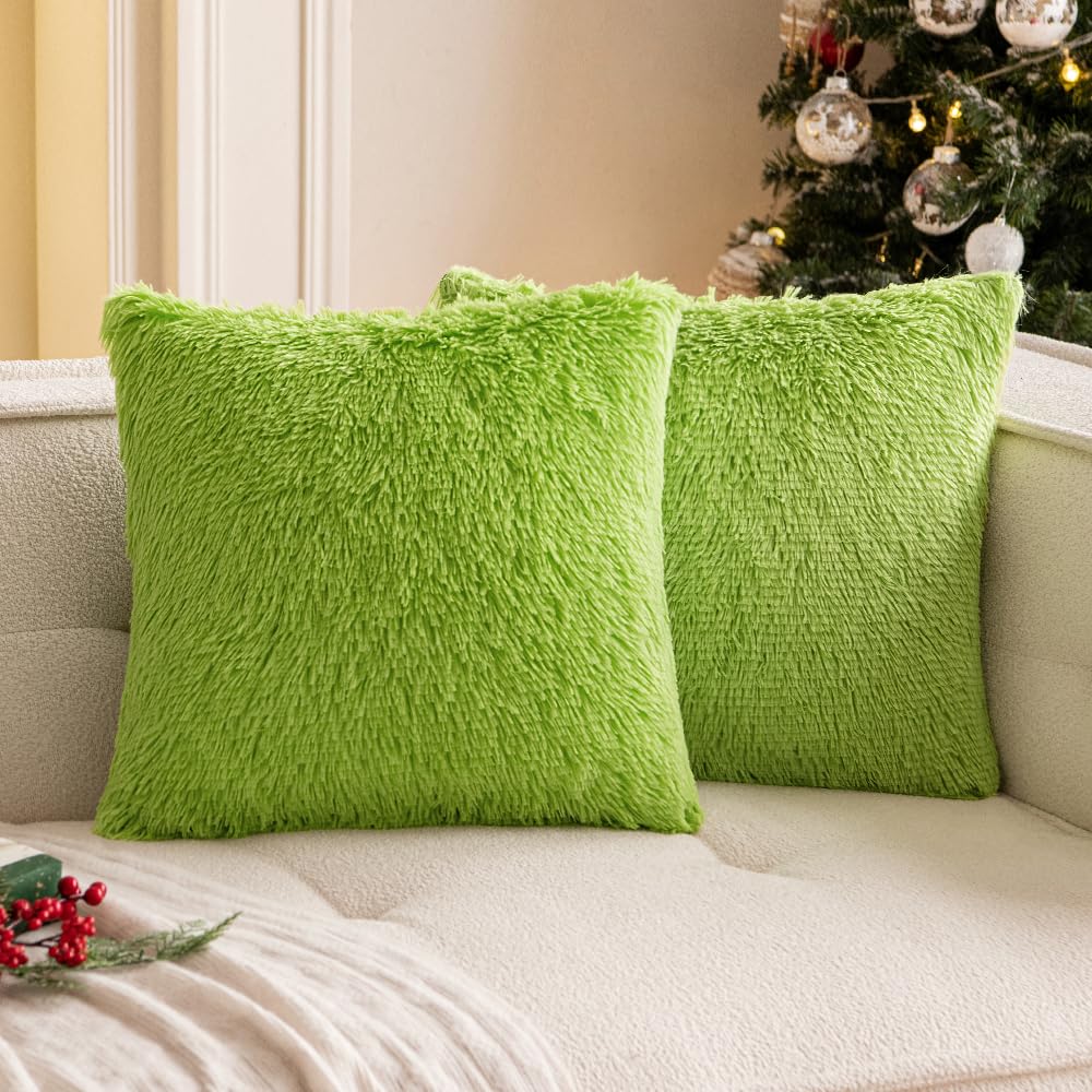 Woaboy Pack of 2 Luxury Faux Fur Throw Pillow Covers Decorative Soft Fluffy Plush Pillowcases Square Cushion Covers for Living Room Sofa Bedroom 20x20 Inch Green