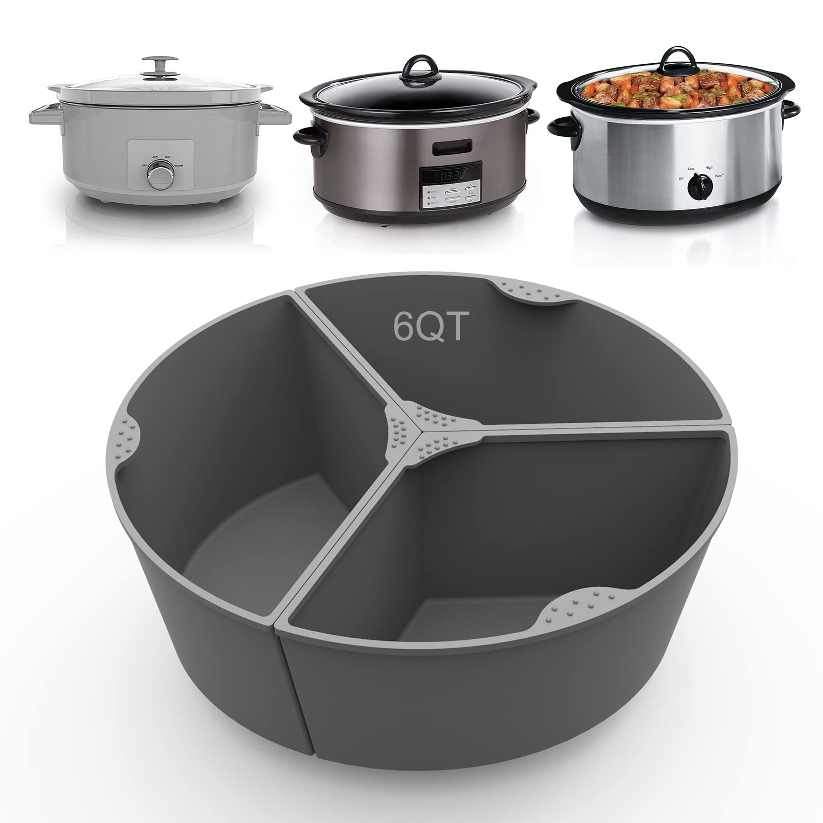 Silicone Slow Cooker Liners Fit for Crockpot 6 Quart, 3 In 1 Reusable Crock Pot Liners Divider Insert Portable Handle/BPA Free/Leakproof/Used to Replace Leak-prone Disposable Liners