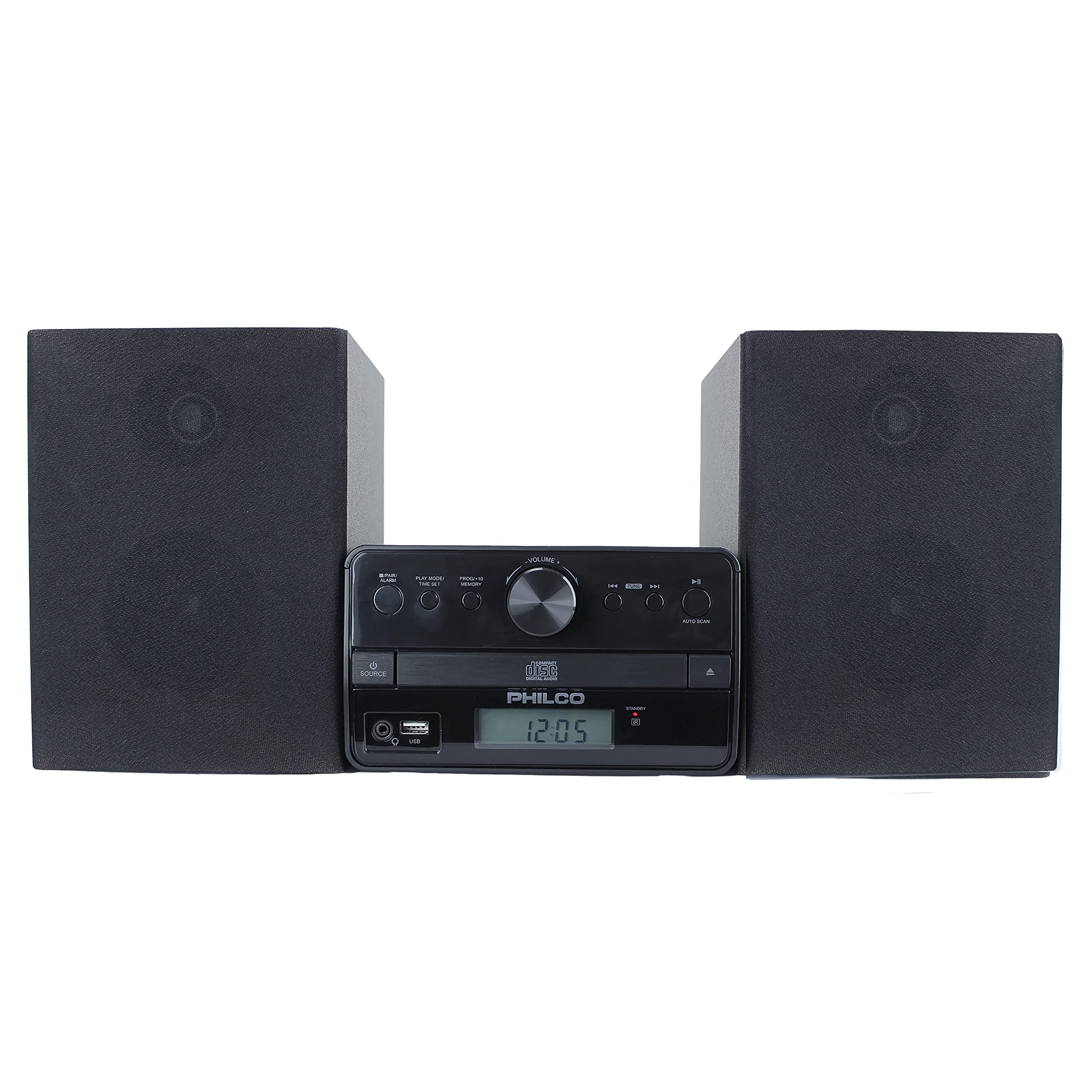 Philco Stereo Shelf Systems Tray Loading CD Player with Digital FM Radio, Bluetooth Streaming, Remote Control in Black | LCD Display | 3.5mm Headphone Jack | MP3 & AUX Port Compatible