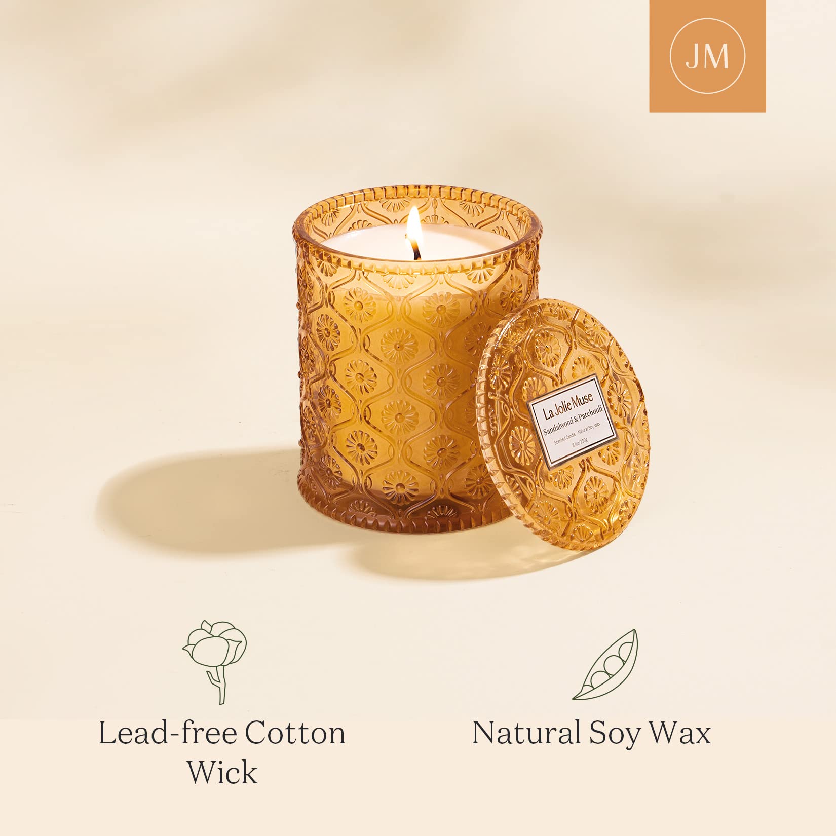 LA JOLIE MUSE Sandalwood Scented Candle, Santal Himalayen Candle, Candles Gift for Women, Decorative Candles for Home Scented, Soy Candle 6 Oz 40 Hours Burn