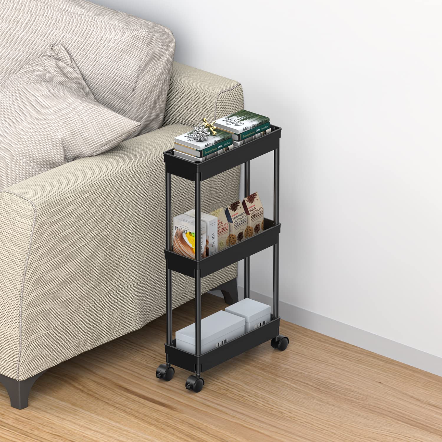 Sooyee 3 Tier Rolling Cart with Wheels,Slim Storage Cart,Narrow Storage Cabinet,Under Desk Storage,Rolling Utility Cart Storage Organizer for Office Bathroom Kitchen Laundry Room Narrow Places, Black