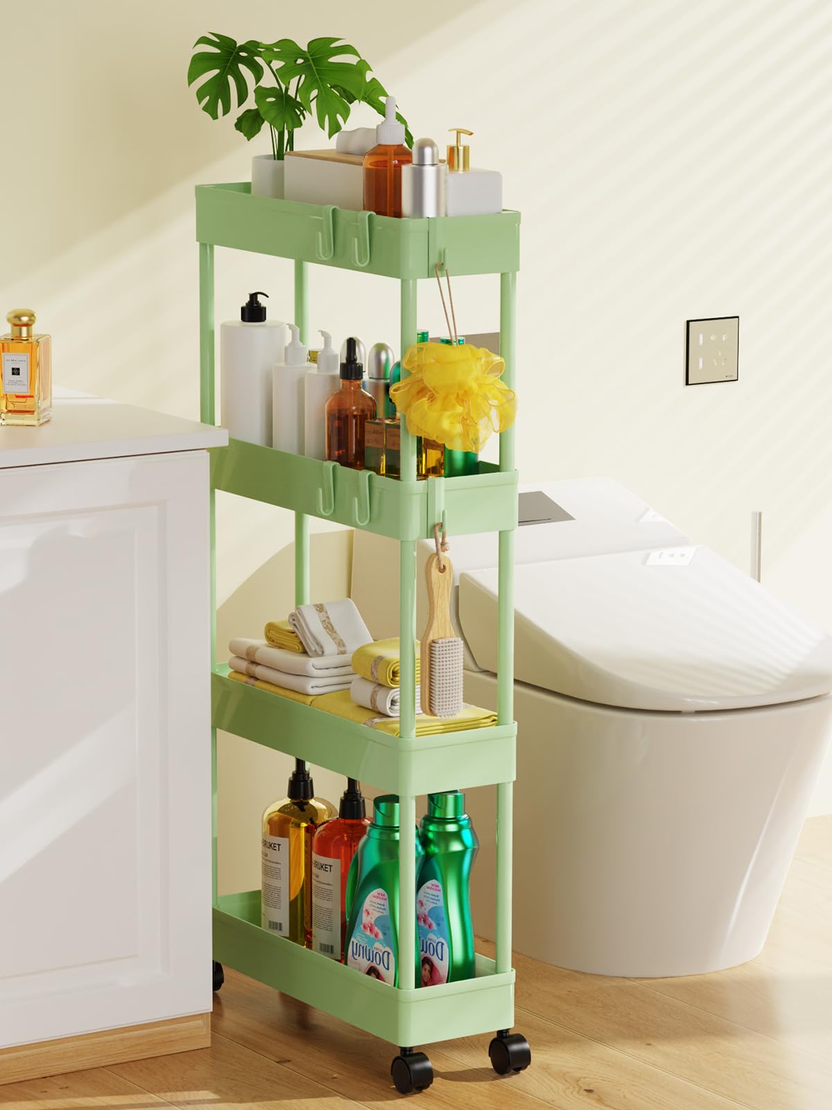 LEHOM 5.3" Slim Storage Cart - 4 Tiers Bathroom Organizer Mobile Shelving Unit Storage Rolling Utility Cart Slide Out Organizer for Kitchen Bathroom Laundry Narrow Places, Green