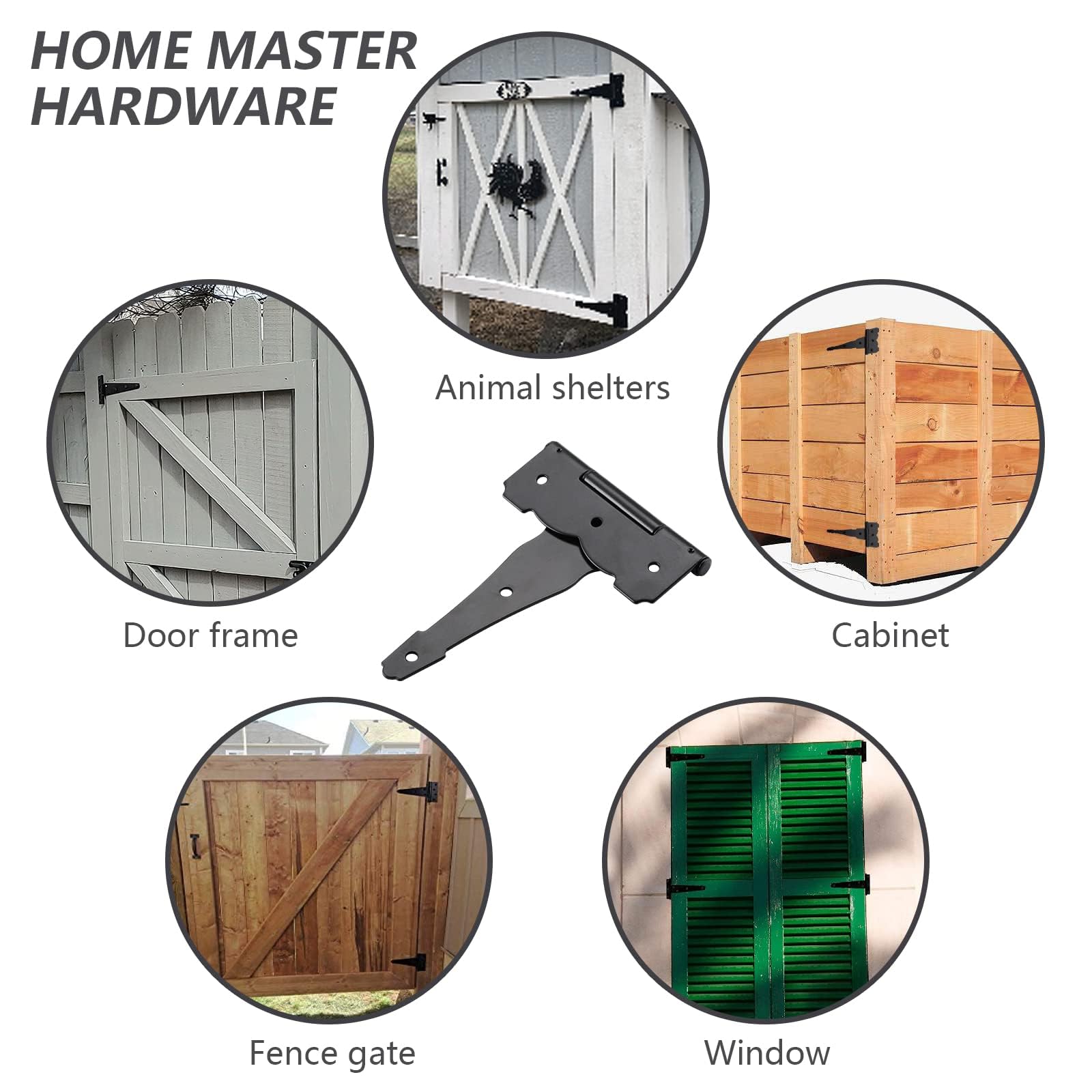 HOME MASTER HARDWARE 8 in Heavy Duty Decorative T Strap Hinge Rustproof Iron Black Gate Hinge,Tee Hinges for Storage Sheds, Gates Barns with Screws (4 Pack)