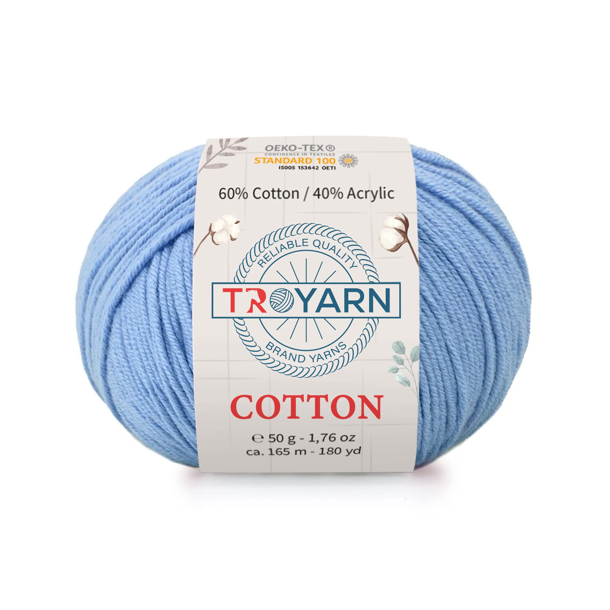 Troyarn Cotton 60% Cotton 40% Acrylic Yarn, Soft, Fine/Sport (2) for Crochet and Knitting 1.76 Oz (50g) / 180 Yds (165m) (10323 - Light Blue)