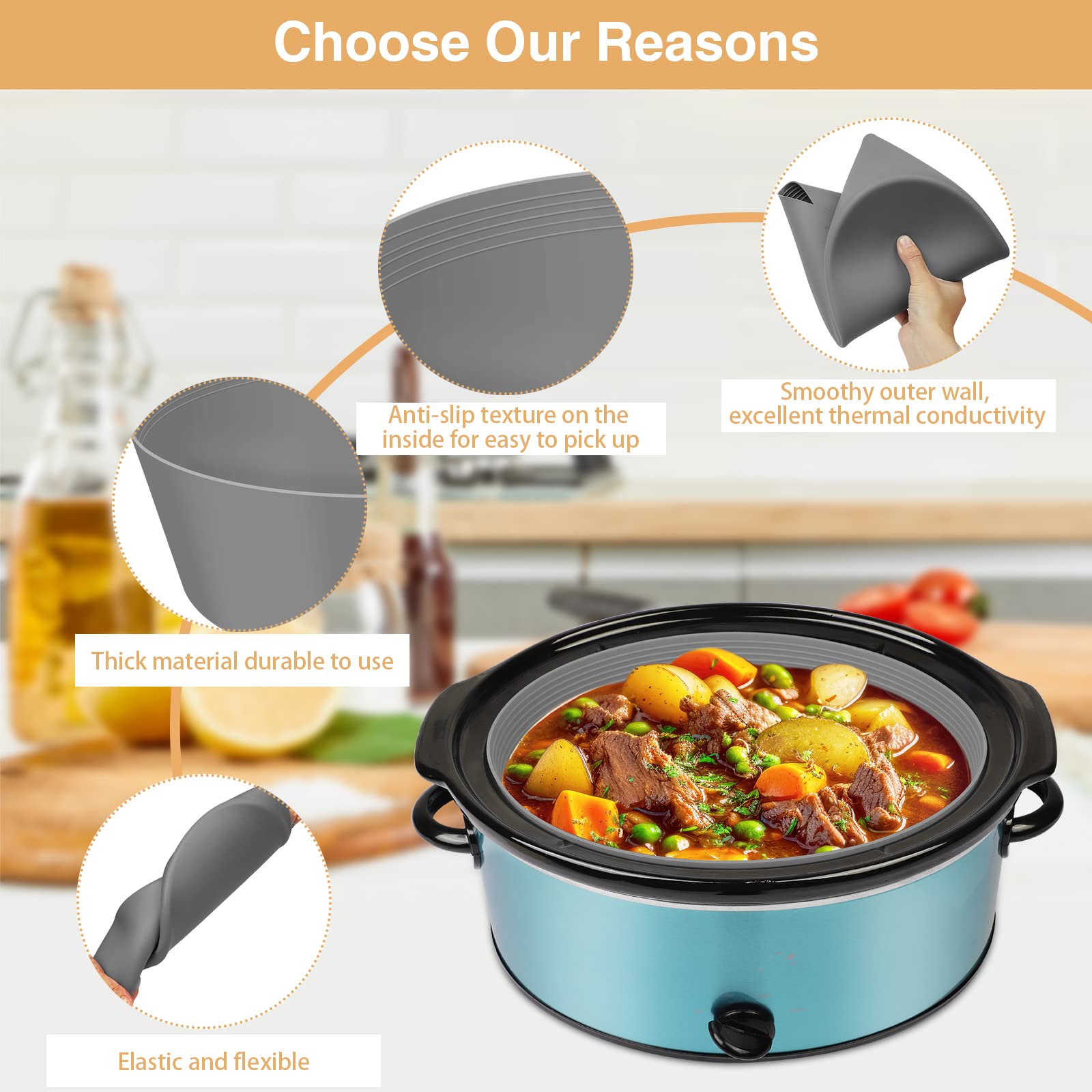 Silicone Slow Cooker Liners Fit 7-8 QT Oval Slow Cooker Crock Pot, Food Grade Silicone Crock Pot Liners Reusable & Leakproof Dishwasher Safe Crockpot Liner