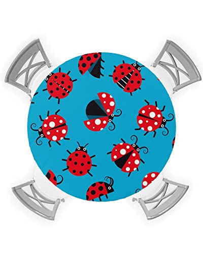 Elastic Fitted Tablecloth Waterproof Table Cloth Cute Ladybug Red Black Carapace Insect Dense Animal Blue Wipeable Round Table Cover for Outdoor Picnic Camping Party