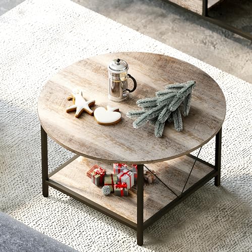 YITAHOME Round Coffee Table,Wood Coffee Table for Living Room,2-Tier Rustic Farmhouse Circle Coffee Table with Sturdy Metal Legs Storage Shelf,Grey Wash