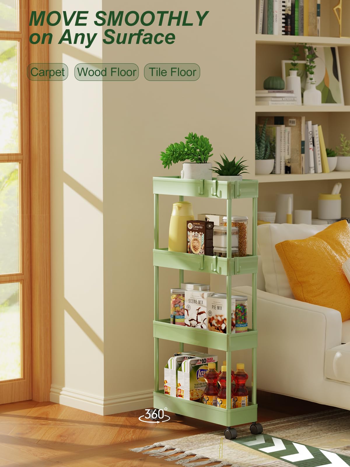 LEHOM 5.3" Slim Storage Cart - 4 Tiers Bathroom Organizer Mobile Shelving Unit Storage Rolling Utility Cart Slide Out Organizer for Kitchen Bathroom Laundry Narrow Places, Green