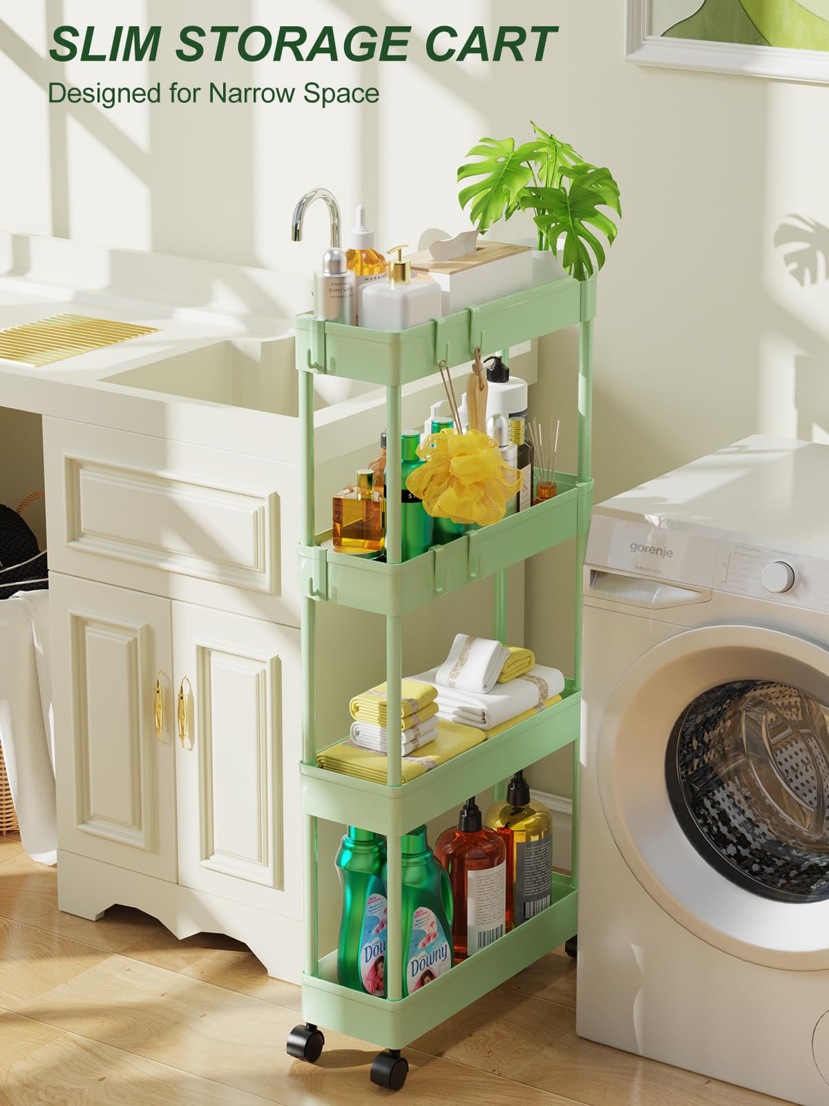 LEHOM 5.3" Slim Storage Cart - 4 Tiers Bathroom Organizer Mobile Shelving Unit Storage Rolling Utility Cart Slide Out Organizer for Kitchen Bathroom Laundry Narrow Places, Green