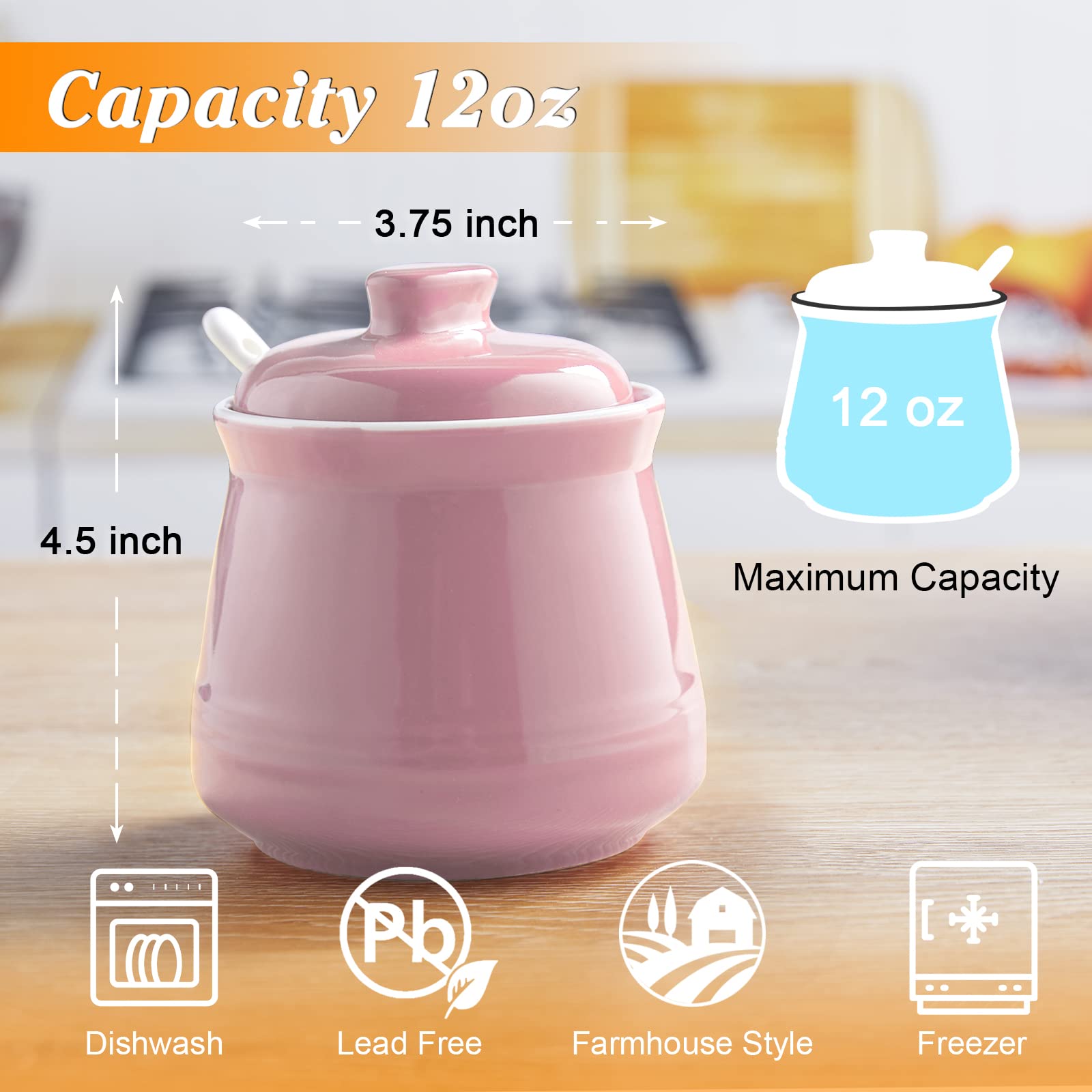 DAYYET Sugar Bowl with Lid and Spoon - 12 oz Ceramic Sugar Bowl with Spoon - Sugar Container for Coffee Bar - Sugar Jar Sugar Dispenser Bowl - Pink Kitchen Decor and Accessories
