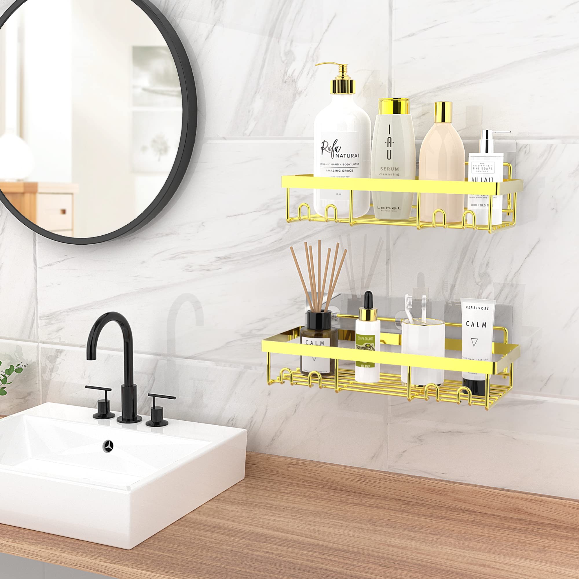 Moforoco Shower Caddy Shelf Organizer Rack, Self Adhesive Black Bathroom Shelves Basket, Home Farmhouse Wall Inside Organization and Storage Decor Rv Accessories, First Camper Apartment Essentials