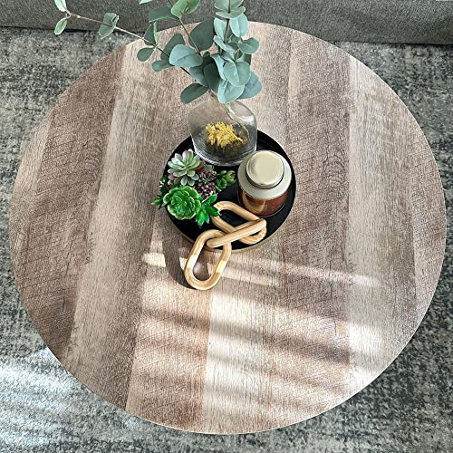 YITAHOME Round Coffee Table,Wood Coffee Table for Living Room,2-Tier Rustic Farmhouse Circle Coffee Table with Sturdy Metal Legs Storage Shelf,Grey Wash