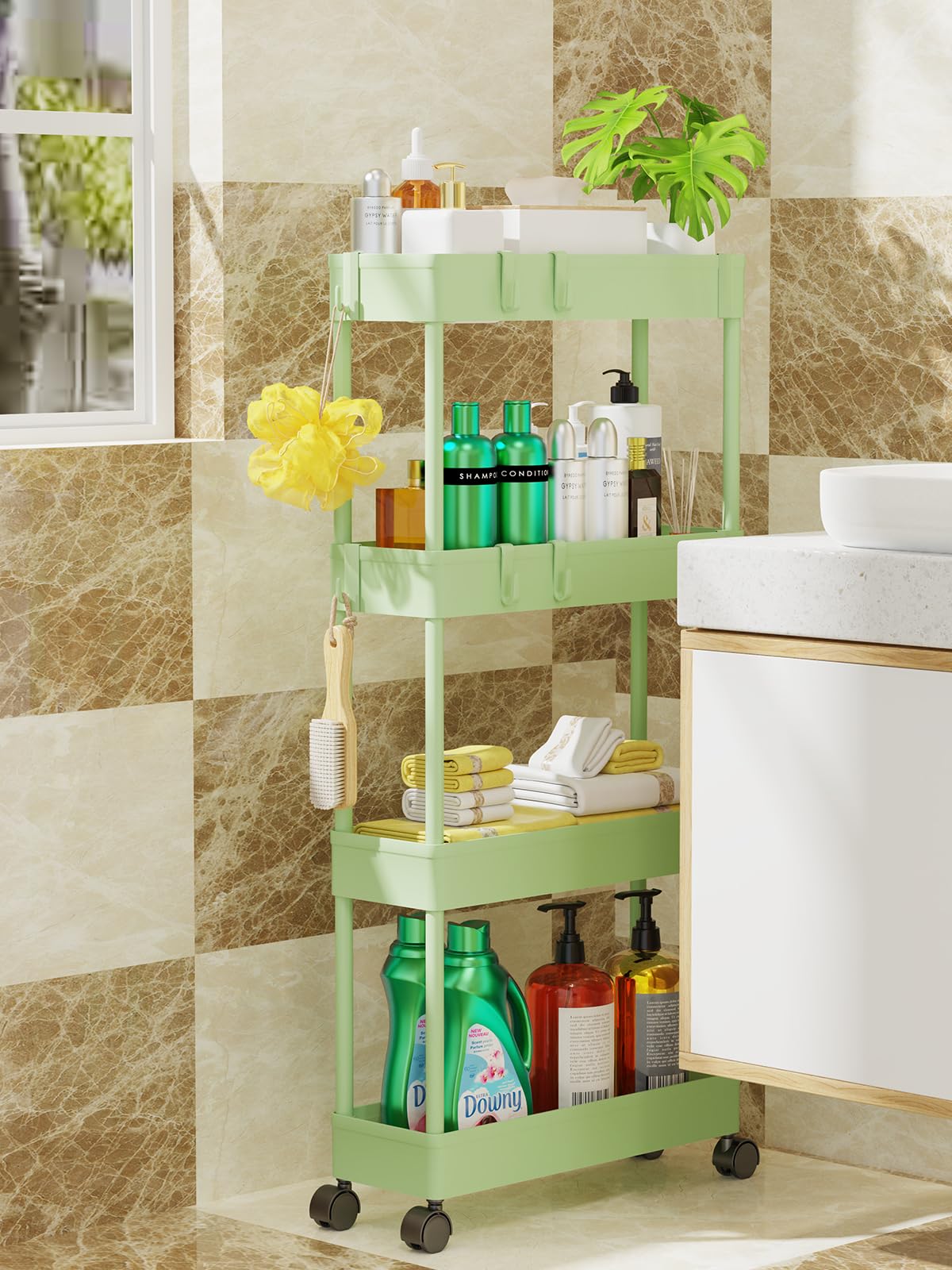 LEHOM 5.3" Slim Storage Cart - 4 Tiers Bathroom Organizer Mobile Shelving Unit Storage Rolling Utility Cart Slide Out Organizer for Kitchen Bathroom Laundry Narrow Places, Green