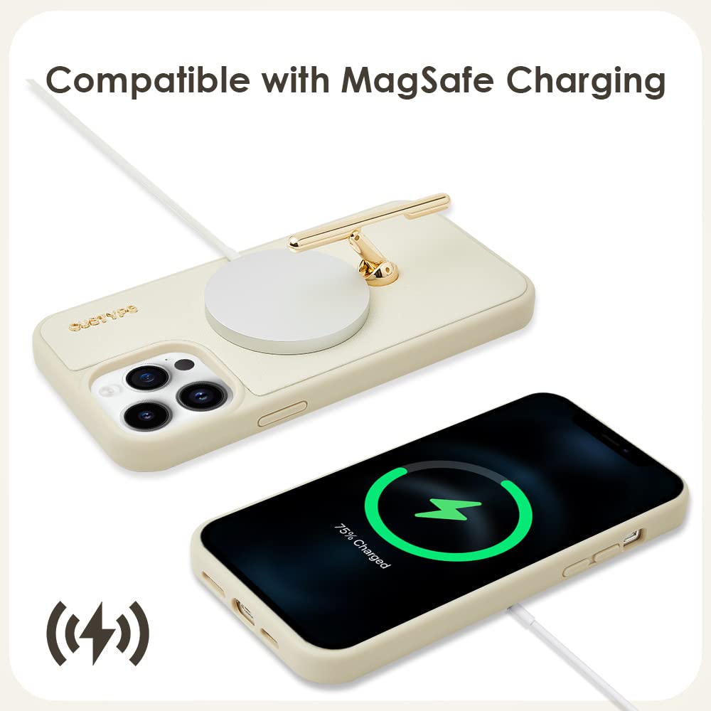 CUSTYPE Case for iPhone 13 Pro Max with Stand, Compatible with Wireless Charging, [2-Way Stand] Metal Kickstand,Slim Fit Leather Shockproof Protective Case for Apple 13 Pro Max 6.7inch Beige