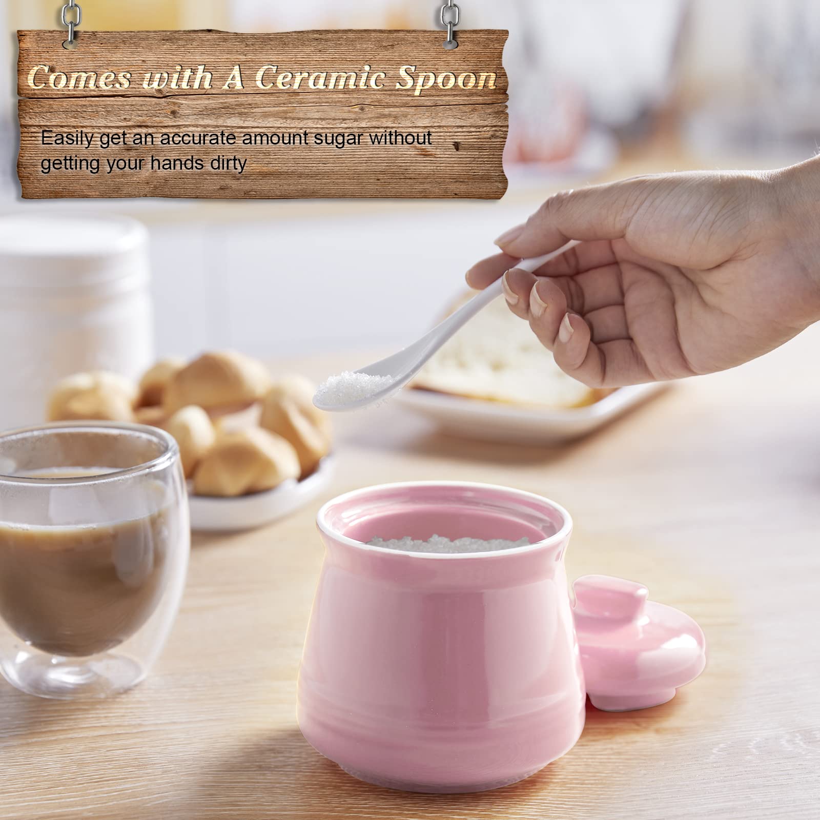 DAYYET Sugar Bowl with Lid and Spoon - 12 oz Ceramic Sugar Bowl with Spoon - Sugar Container for Coffee Bar - Sugar Jar Sugar Dispenser Bowl - Pink Kitchen Decor and Accessories