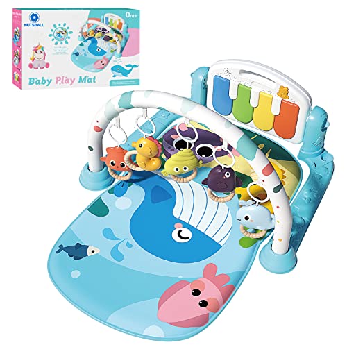 Nutsball Baby Gym Play Mat, Kick and Play Piano Gym Mat with Music and Lights, Tummy Time Musical Activity Center for Infants Toddlers (Ocean World Blue)
