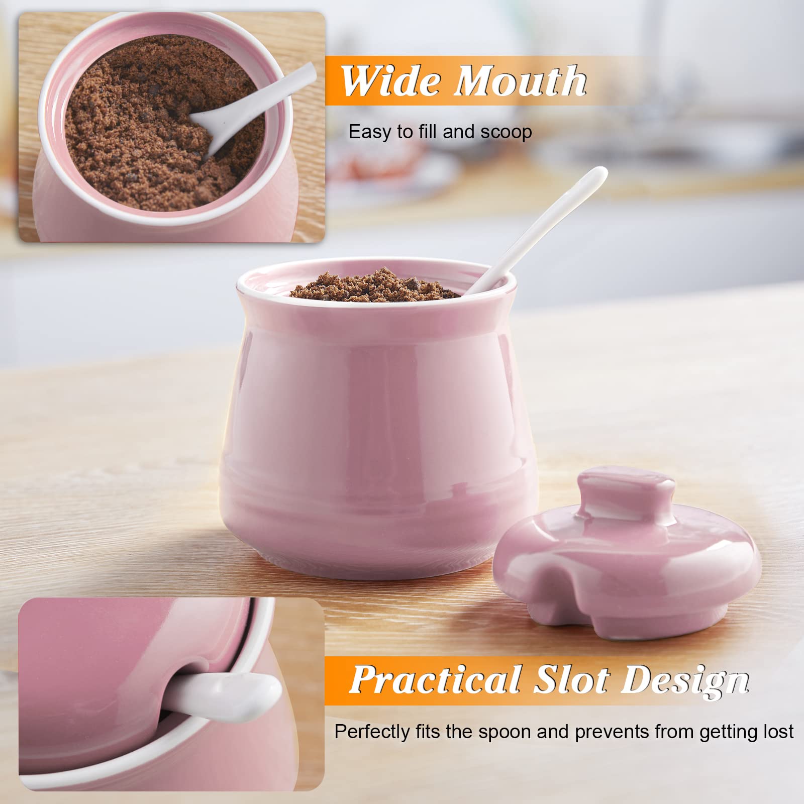 DAYYET Sugar Bowl with Lid and Spoon - 12 oz Ceramic Sugar Bowl with Spoon - Sugar Container for Coffee Bar - Sugar Jar Sugar Dispenser Bowl - Pink Kitchen Decor and Accessories