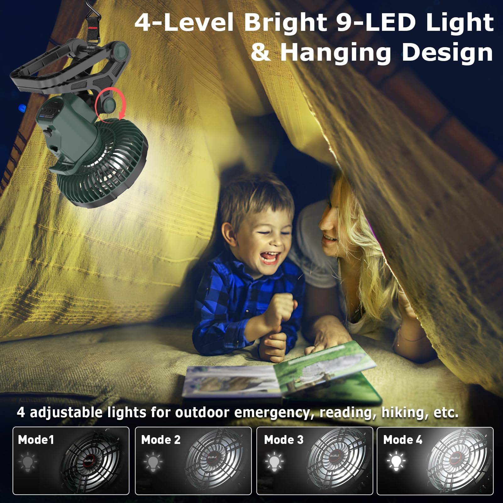 30000mAh Rechargeable Camping Fan with LED Lantern, Portable Battery Operated Fan 360° Oscillating Outdoor Fan, Quiet Battery Powered USB Table Fan with 4 Light Modes, 7 Timers for Home Jobsite Tent
