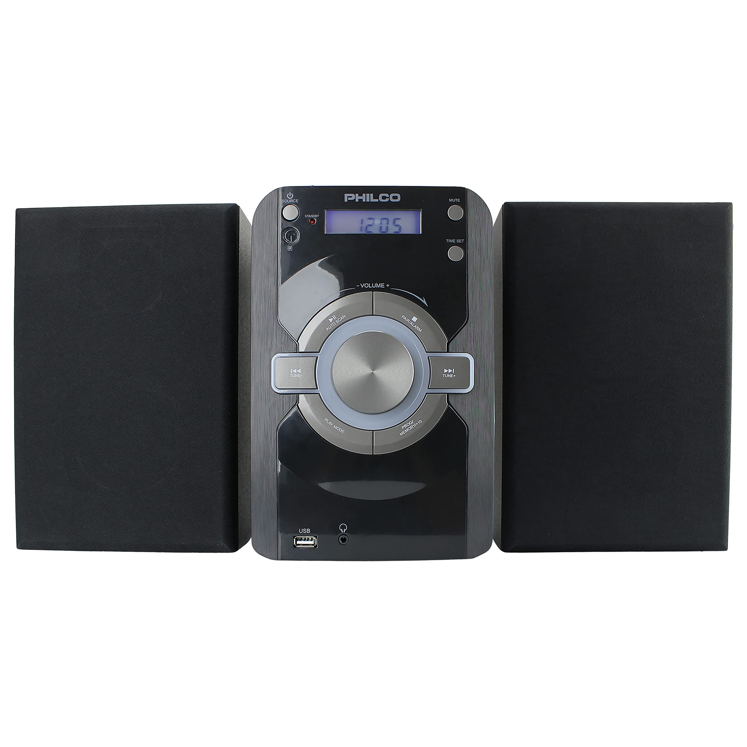 Philco Mini Stereo Shelf Systems CD Player with Digital FM Radio, Bluetooth Streaming, Remote Control in Black | LCD Display | 3.5mm Headphone Jack | MP3 & AUX Port Compatible | USB Playback