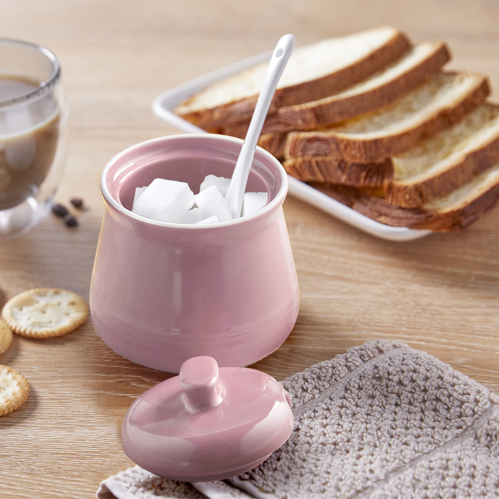 DAYYET Sugar Bowl with Lid and Spoon - 12 oz Ceramic Sugar Bowl with Spoon - Sugar Container for Coffee Bar - Sugar Jar Sugar Dispenser Bowl - Pink Kitchen Decor and Accessories