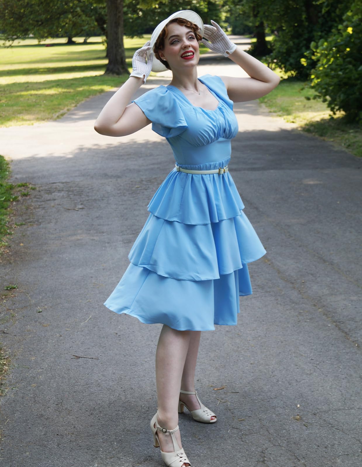 Short Sleeve Elegant Cocktail Party Dress 1950s Retro Square Neck Smocked Waist Tiered Layered Dress Light Blue XL