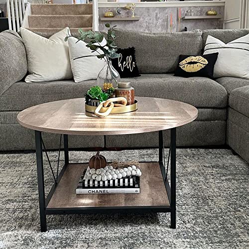 YITAHOME Round Coffee Table,Wood Coffee Table for Living Room,2-Tier Rustic Farmhouse Circle Coffee Table with Sturdy Metal Legs Storage Shelf,Grey Wash