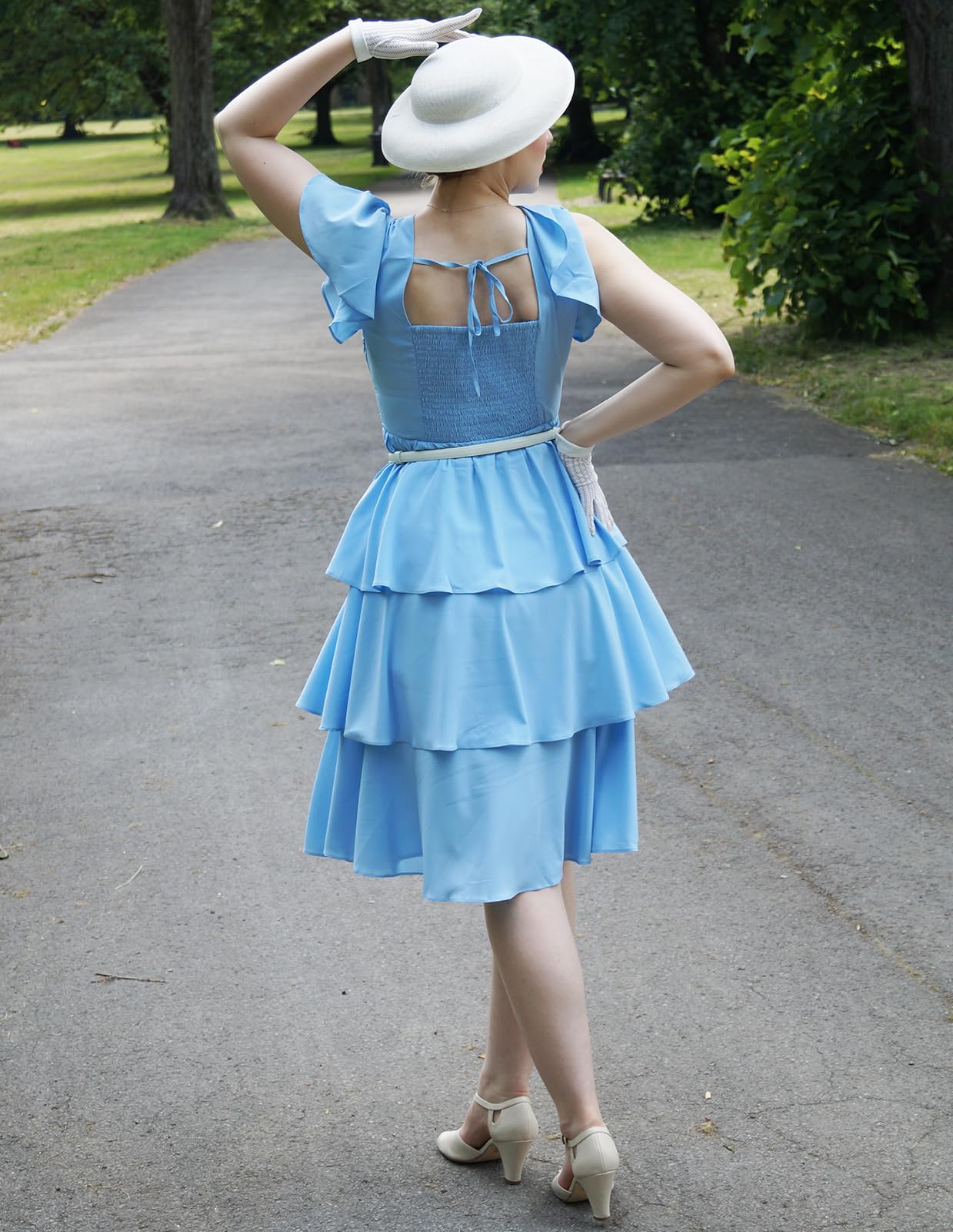 Short Sleeve Elegant Cocktail Party Dress 1950s Retro Square Neck Smocked Waist Tiered Layered Dress Light Blue XL